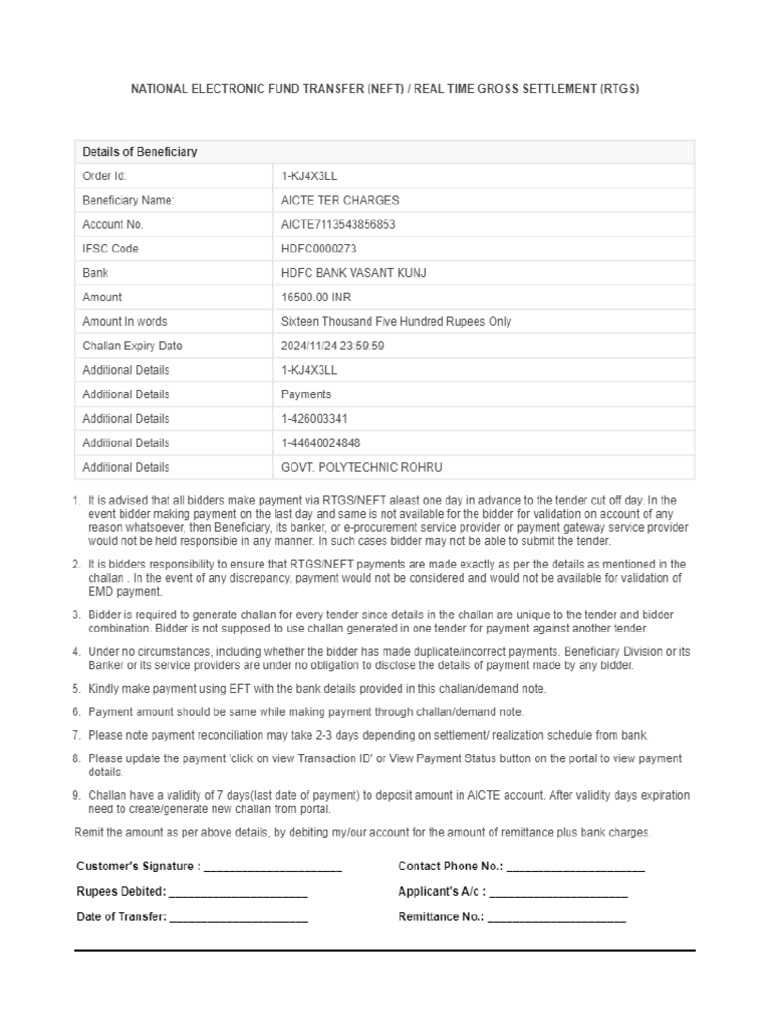 AICTE TER CHARGES-NEFT-RTGS-Challan-18 - 011 - 2024 - 12 - 24 - 22 | PDF