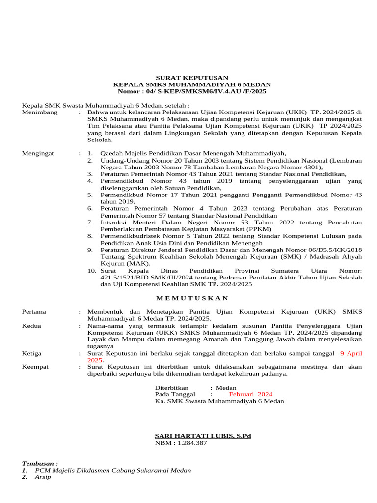 SK Panitia Pelaksanaan UKK TP. 2024-2025 | PDF