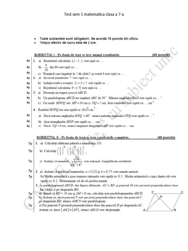 Test Sem 1 Matematica Clasa a 7 | PDF