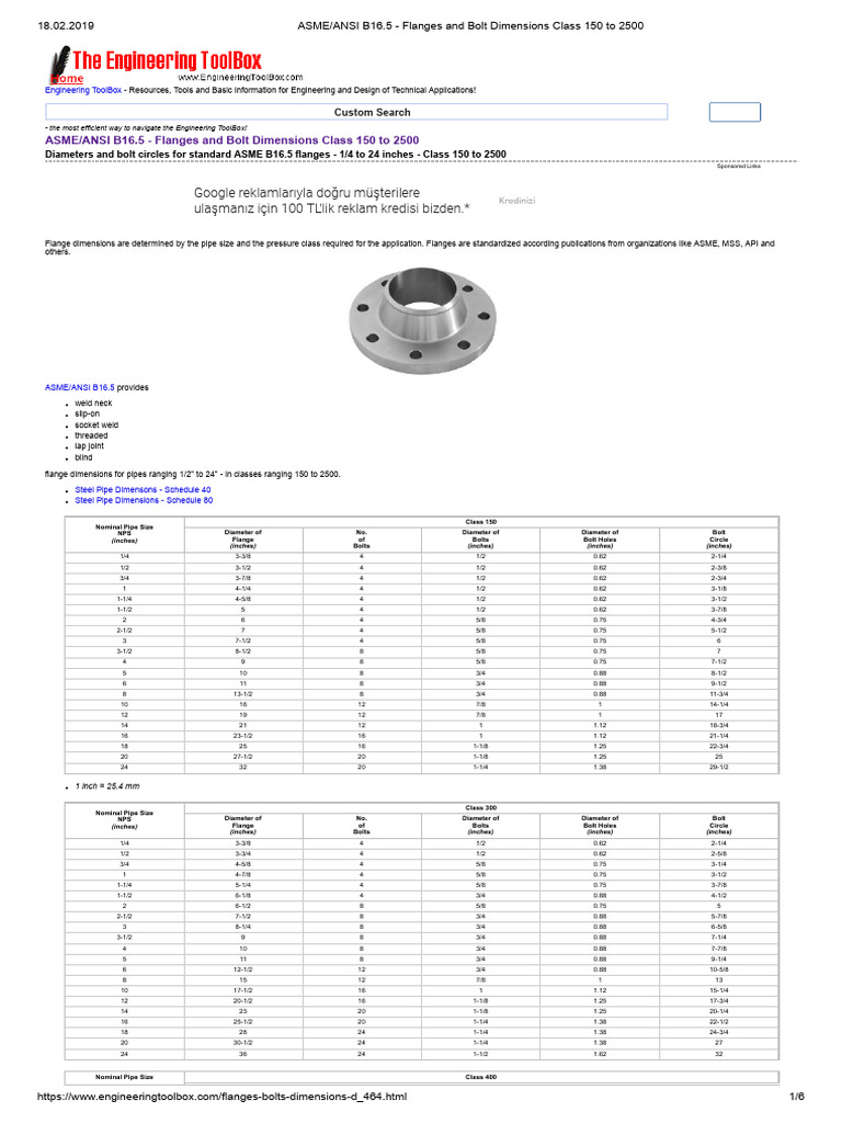ASME - ANSI B16.5 - Flanges and Bolt Dimensions Class 150 To 2500 1000 ...