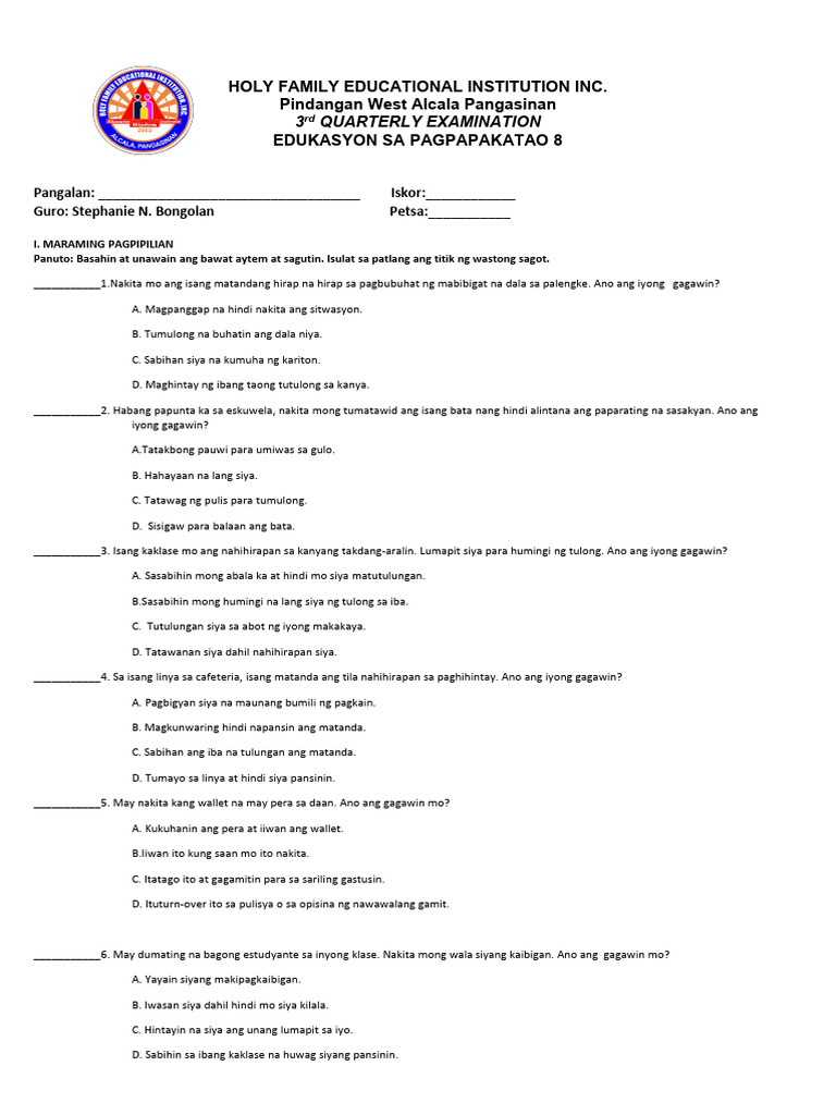 ESP 8 3RD QUARTERLY EXAM | PDF