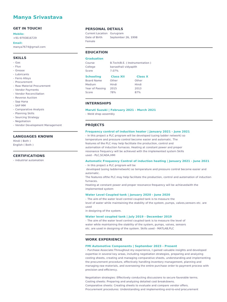 Manya Srivastava Resume | PDF | Inventory | Procurement