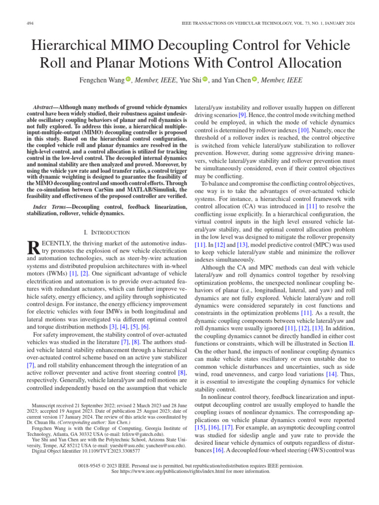 Hierarchical MIMO Decoupling Control For Vehicle Roll and Planar Motions With Control Allocation ...