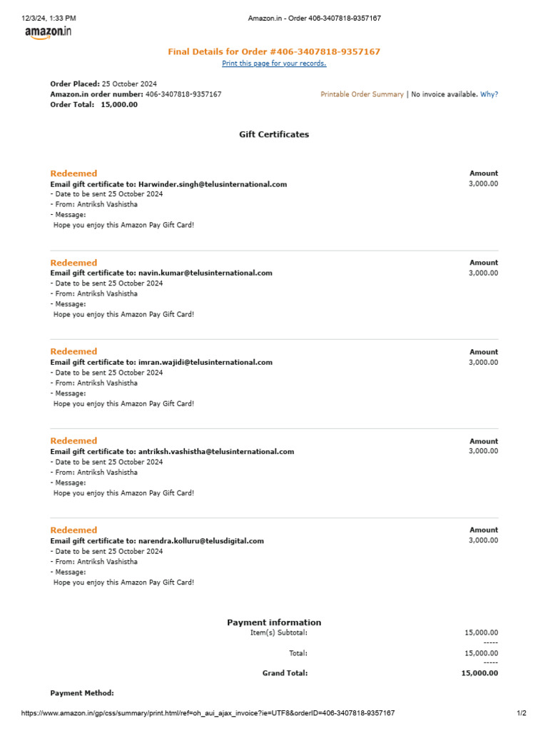 Amazon Order Summary #406-3407818-9357167 | PDF | Gift Card | Invoice