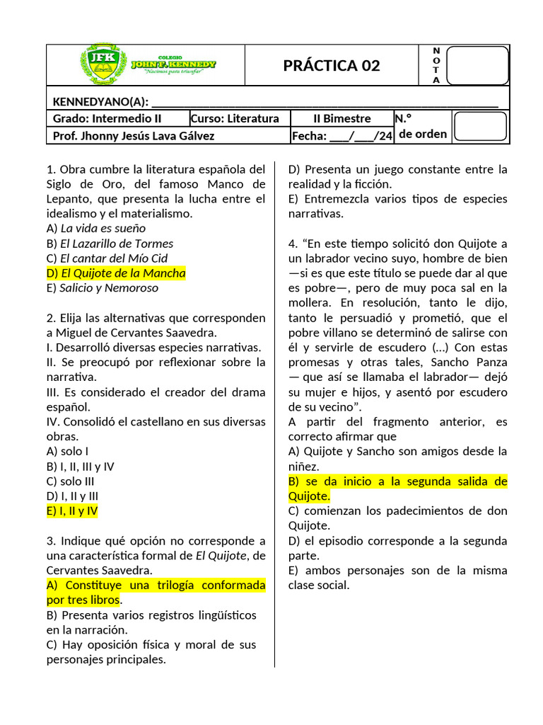 Práctica 02 - Literatura - Intermedio II | PDF | Don Quijote