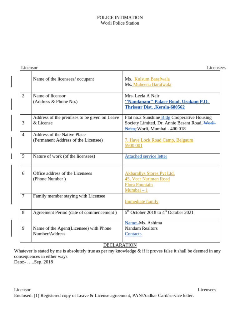 Police Intimation-Sunshine-Flat No. 2 | PDF