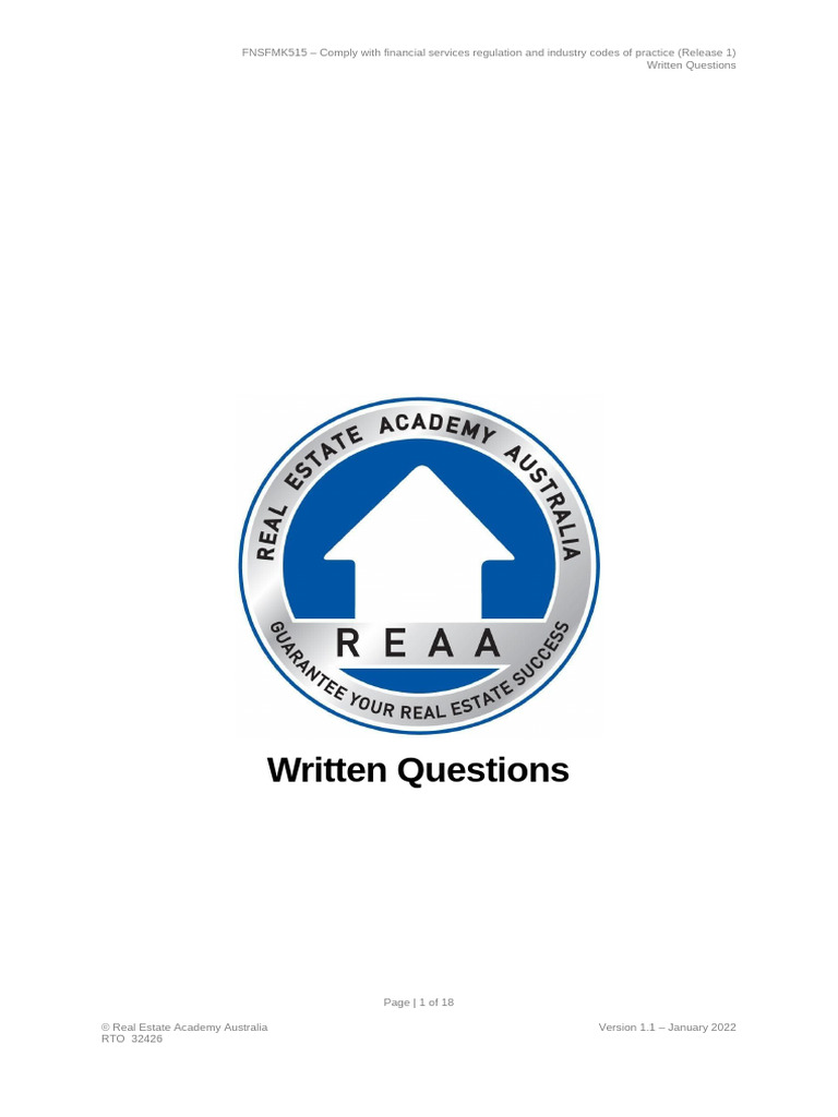 REAA - FNSFMK515 - Written Questions v1.1 | PDF | Derivative (Finance) | Regulatory Compliance