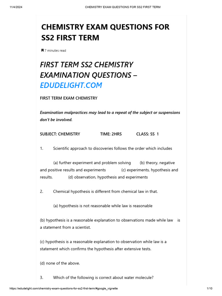 SS2 First Term Chemistry Exam Questions | PDF | Chemistry | Ion