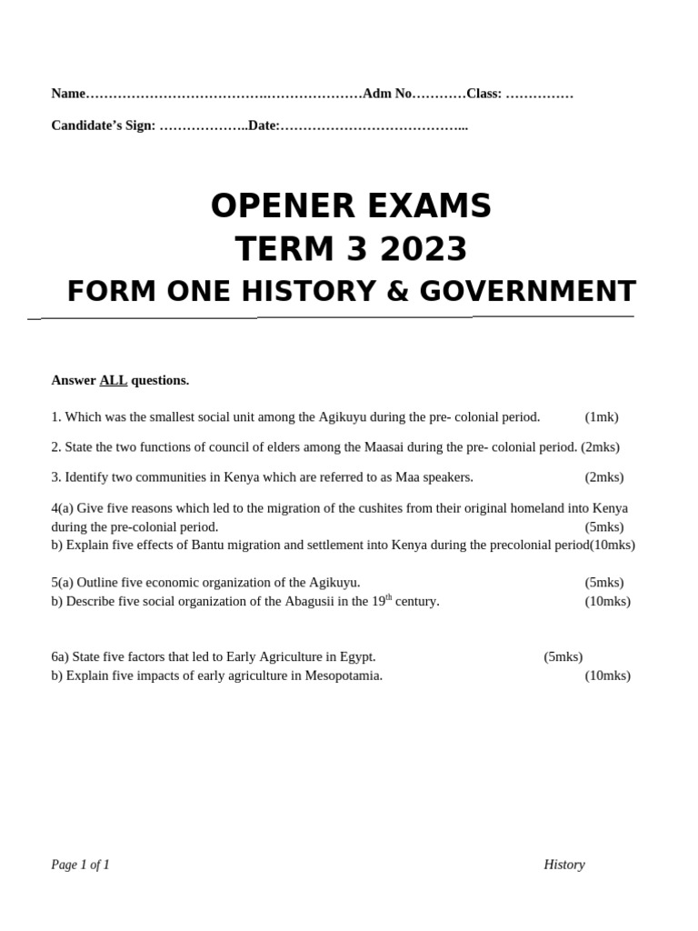 Form One History Exam Questions 2023 | PDF