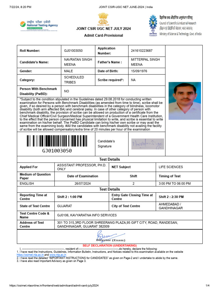 Joint Csir-ugc Net June-2024 _ India | PDF | Identity Document