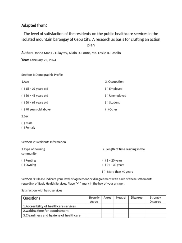 Residents Satisfaction Survey Questionnaire | PDF