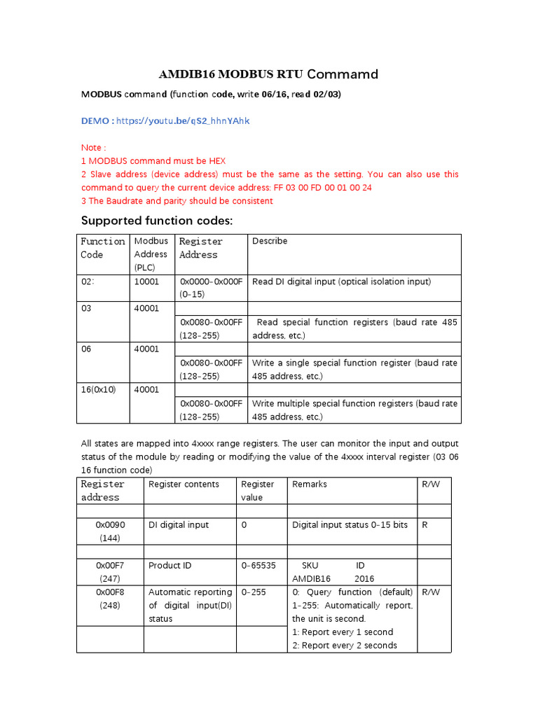 AMDIB16 MODBUS RTU Commamd | PDF | Telecommunications | Computer Architecture