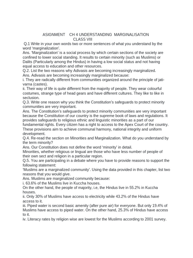 Asignment CH 4 Understanding Marginalisation | PDF | Minority Group