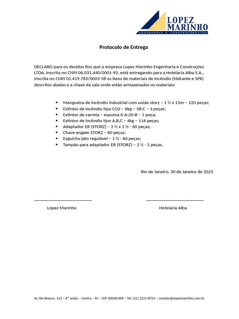Protocolo entrega materiais incendio , | PDF