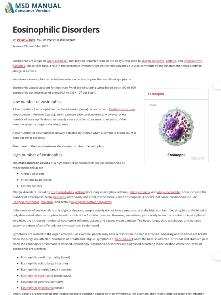 Eosinophilic Disorders - Blood Disorders - MSD Manual Consumer Version | PDF | Medicine | Immunology