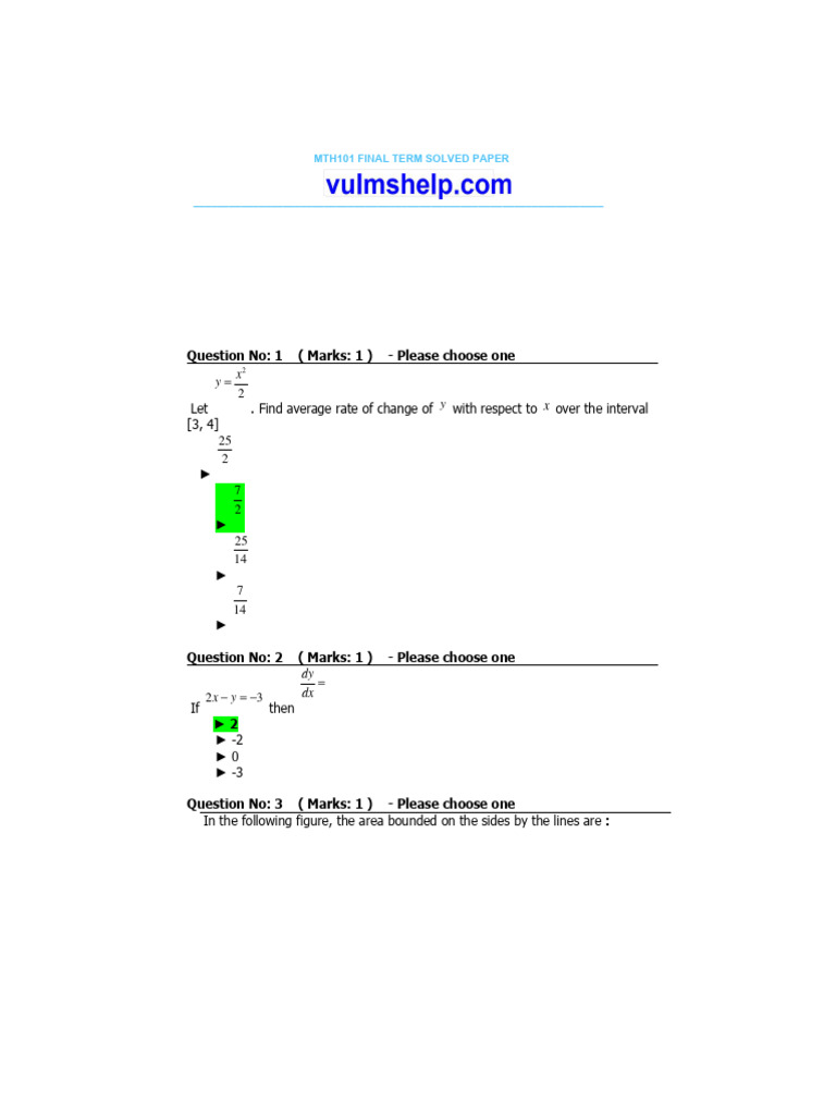 MTH101 FINAL TERM SOLVED PAPER | PDF