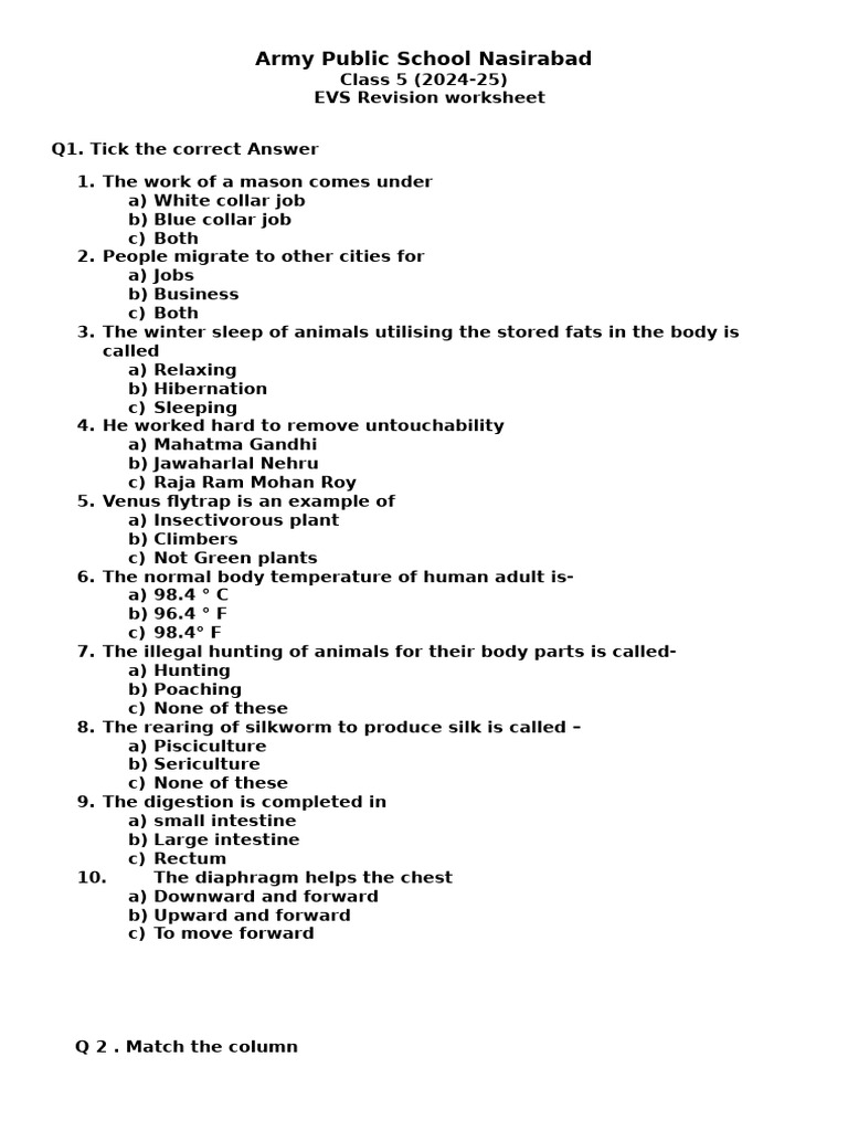 EVS Worksheet Class 5 | PDF