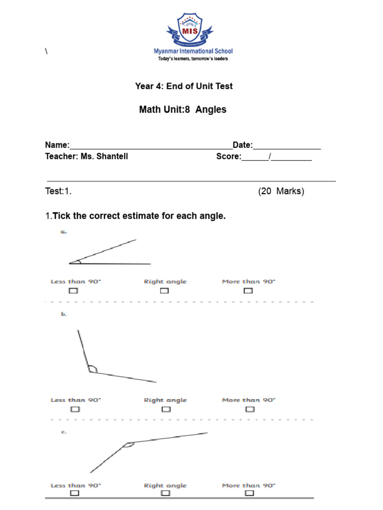 Math End of Unit Test - 5 Template (Y4) | PDF