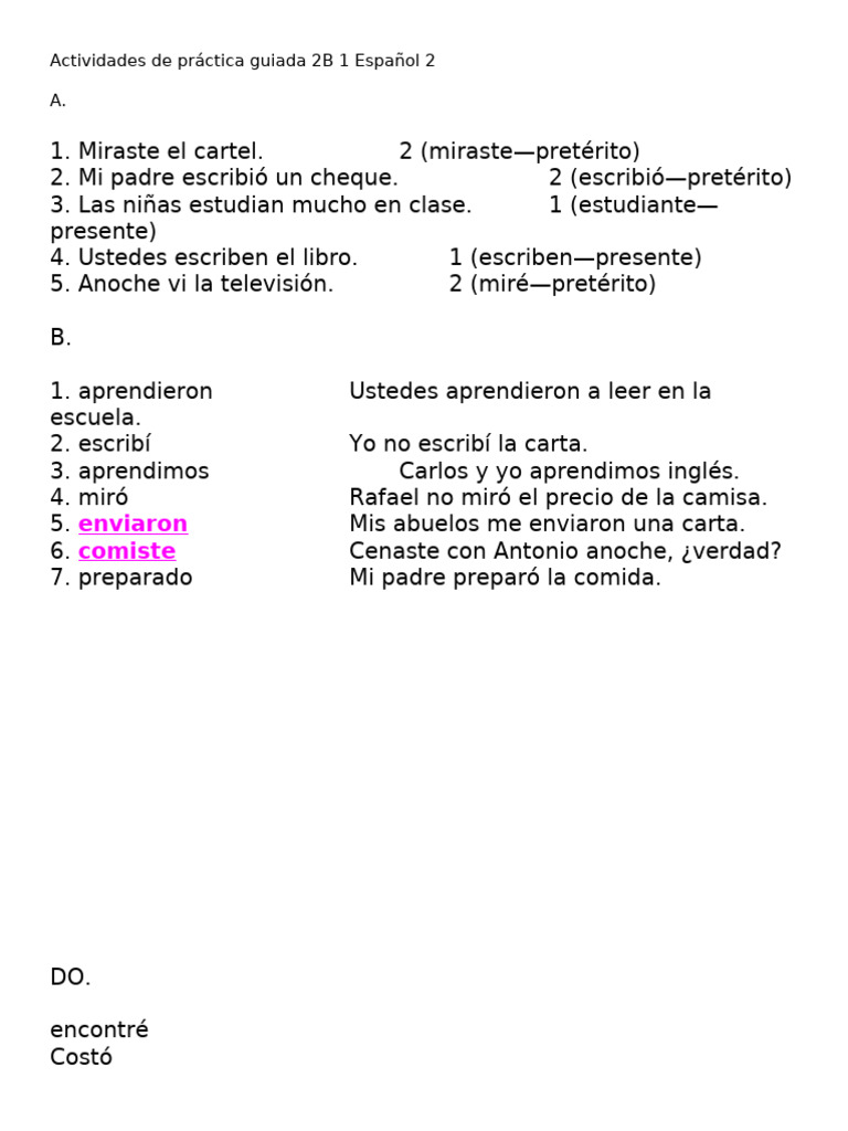 Actividades de Práctica Guiada 2B 1 Respuestas de Español 2H | PDF