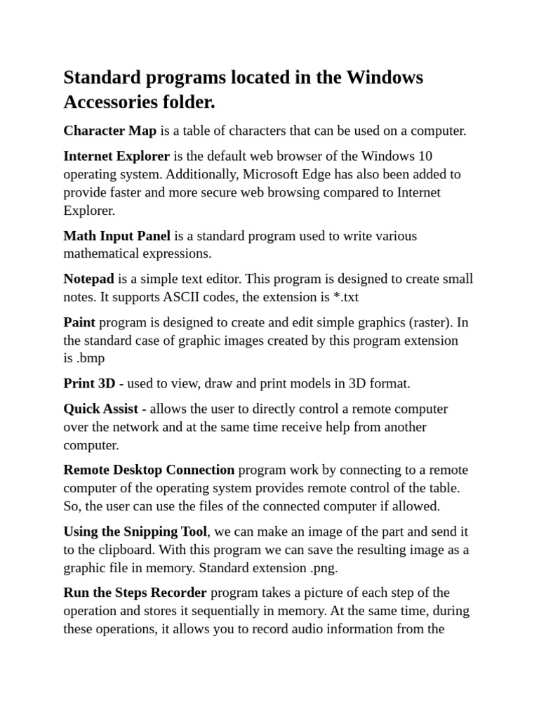Standard Programs Located in The Windows Accessories Folder | PDF