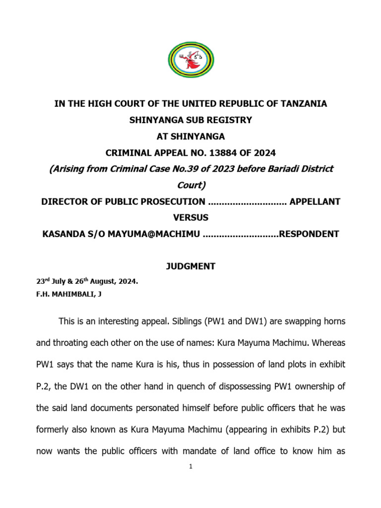 DPP Vs Kasanda Mayuma Machimu 2024 TZHC 7544 (26 August 2024) | PDF ...