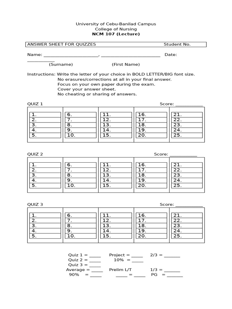 NCM 107 Lecture Prelim Quizzes | PDF