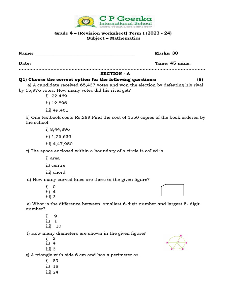 Paper GR 4 Term I Revision Worksheet | PDF | Area | Mathematics