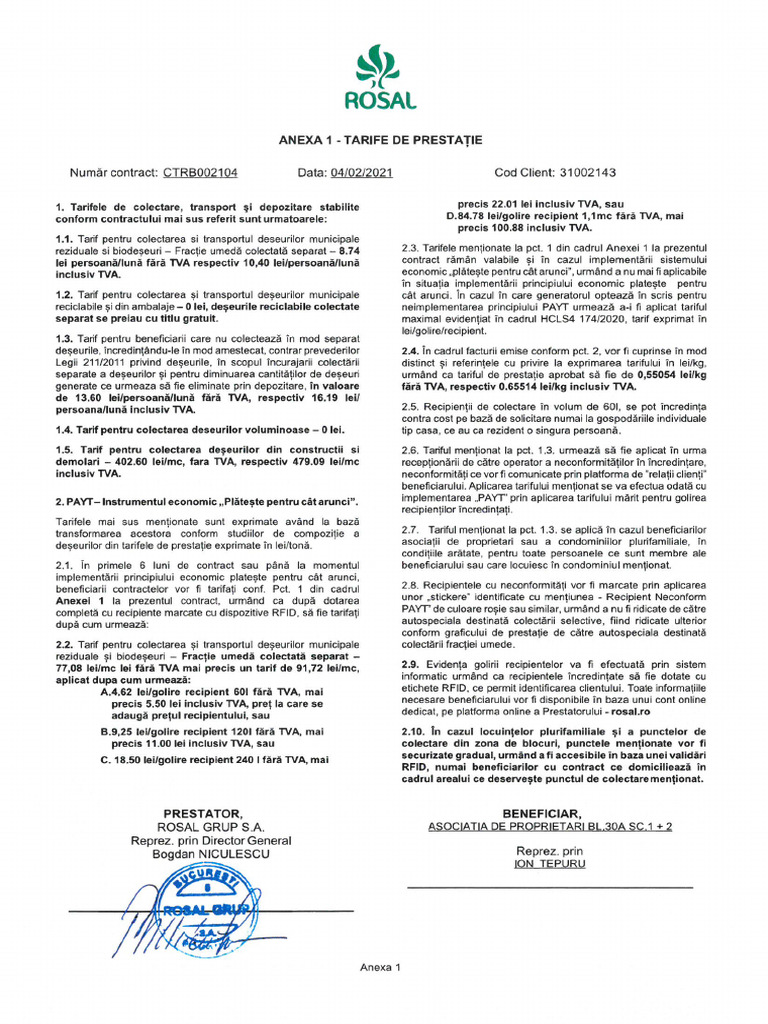 Anexa Contract Salubrizare | PDF