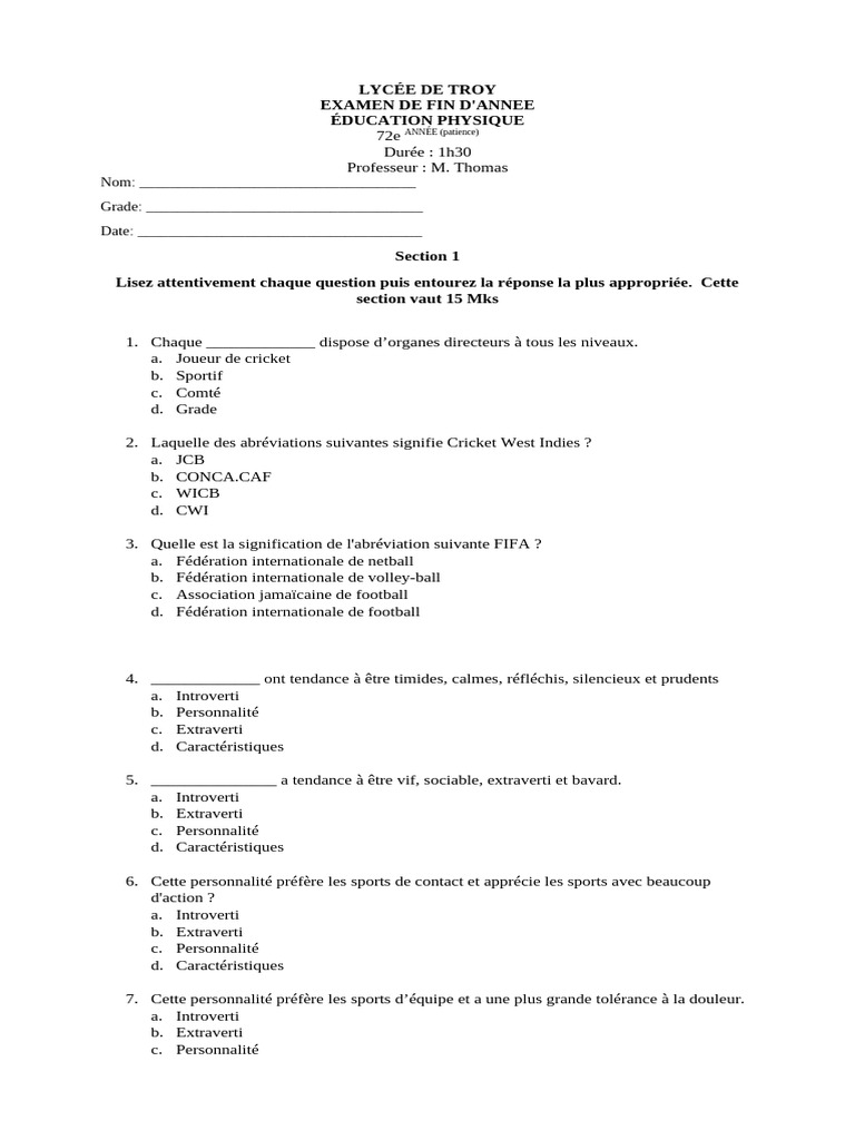 Examen d'éducation physique 7ème année | PDF | Introversion et extraversion
