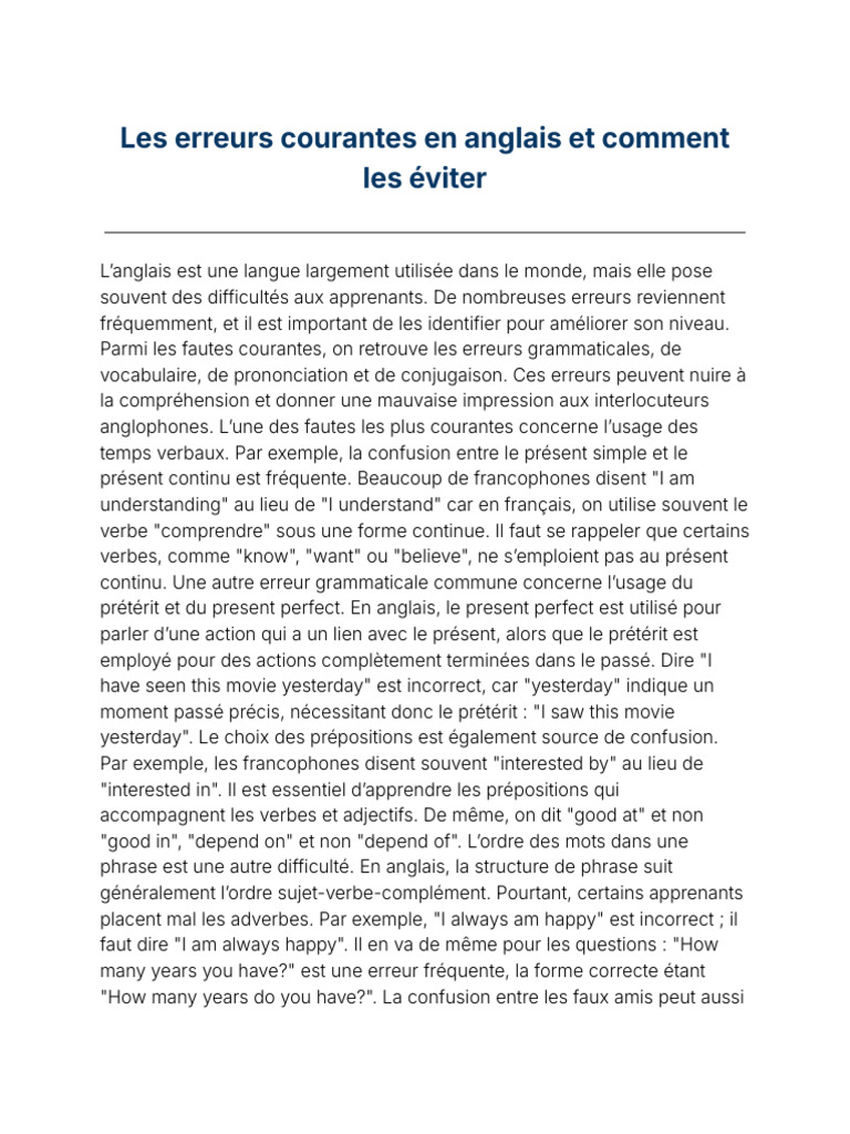 Éviter les erreurs courantes en anglais | PDF | Verbe | Nombre grammatical
