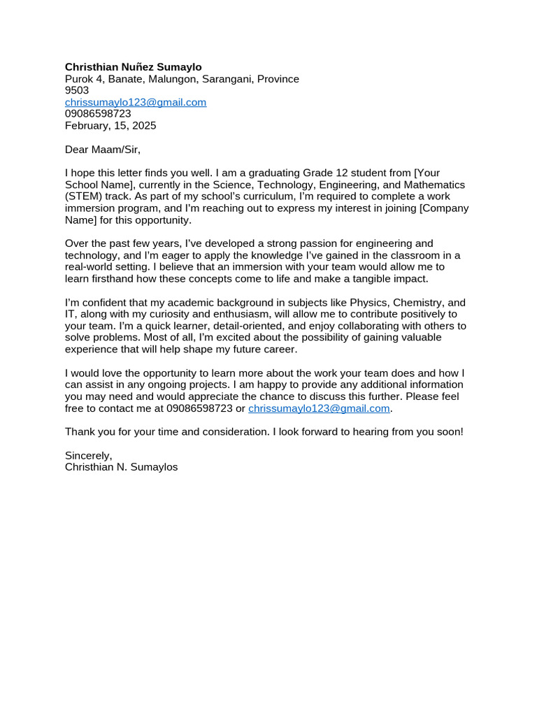 Work Immersion Application Letter | PDF