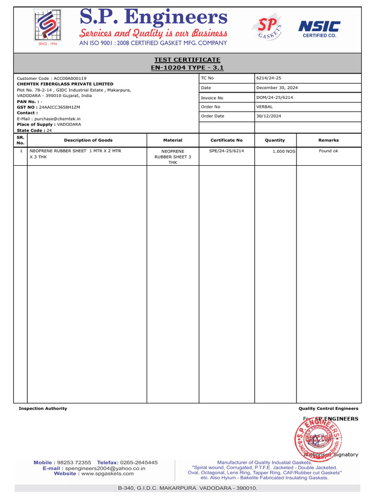Neoprene Rubber Sheet Test Certificate | PDF