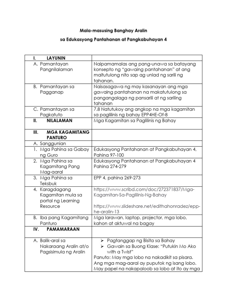 Malamasusing Banghay Aralin Sa Epp 4 Beed 2a BBMV | PDF