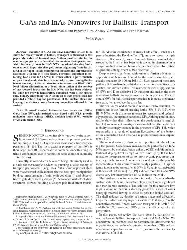 GaAs and InAs Nanowires For Ballistic Transport | PDF | Transmission ...