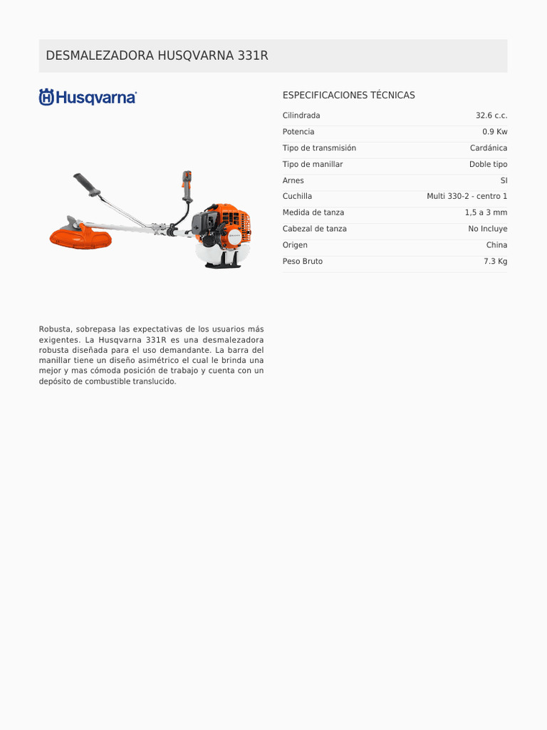 Desmalezadora Husqvarna 331R: Especificaciones | PDF