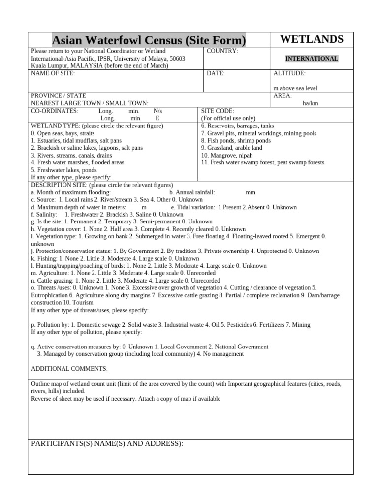 Asian Waterfowl Census Site Form | PDF | Wetland | Fresh Water