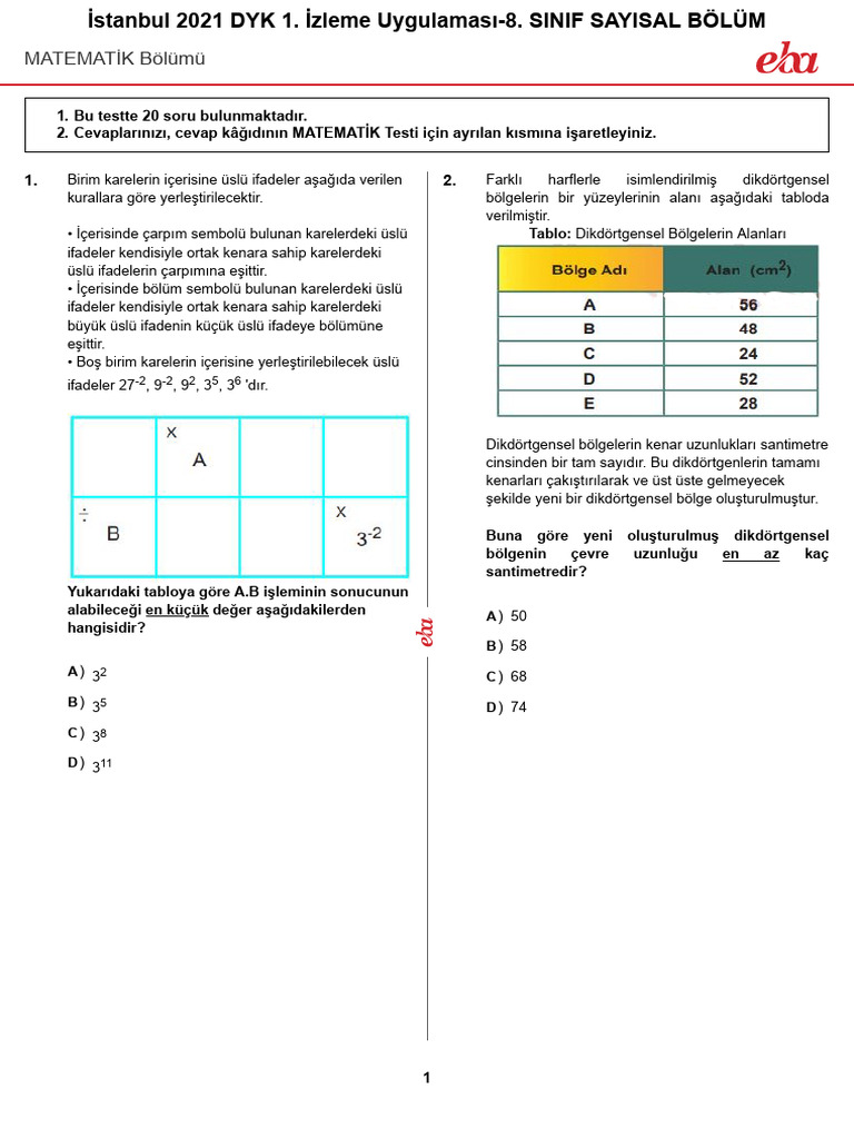 İstanbul 2021 Dyk 1 İzleme Uygulaması 8 Sinif Sayisal Bölüm | PDF