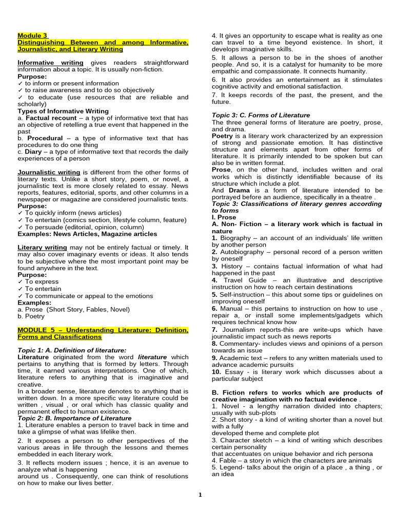 Types of Informative and Literary Writing | PDF | Poetry | Narrative