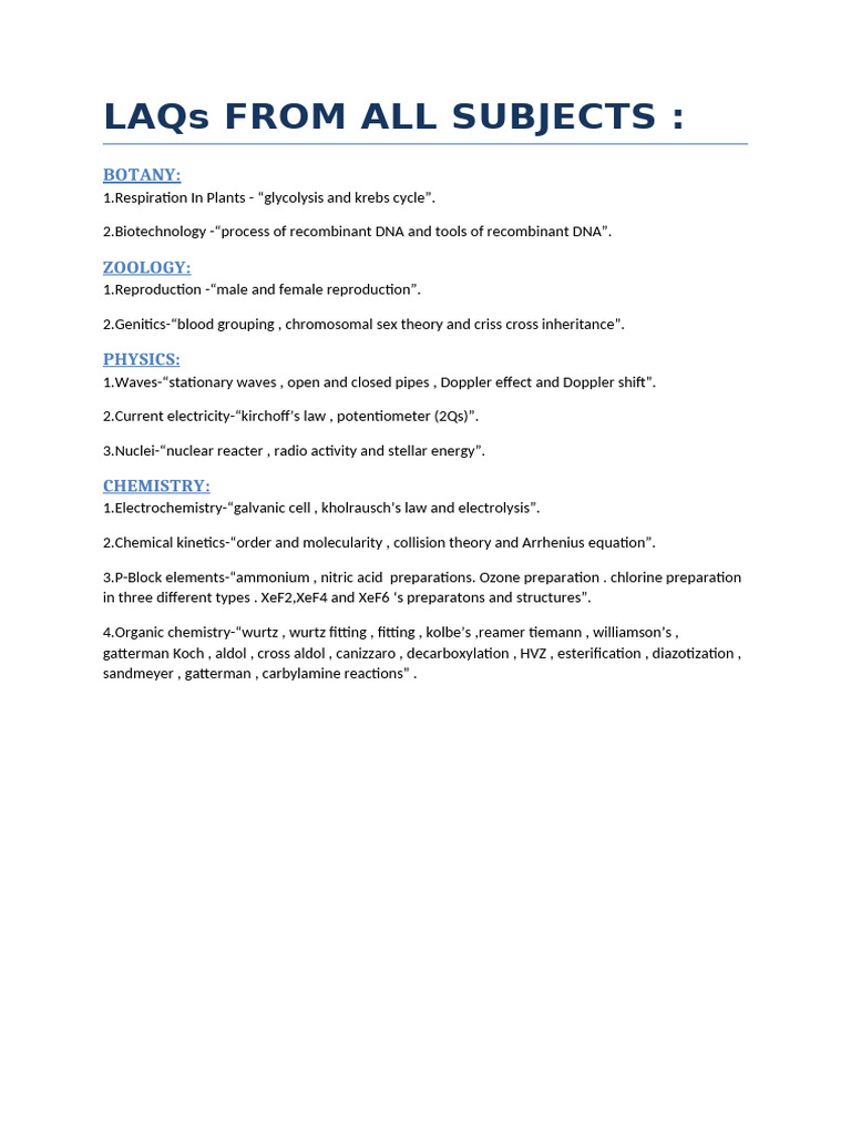 Comprehensive LAQs for Science Subjects | PDF