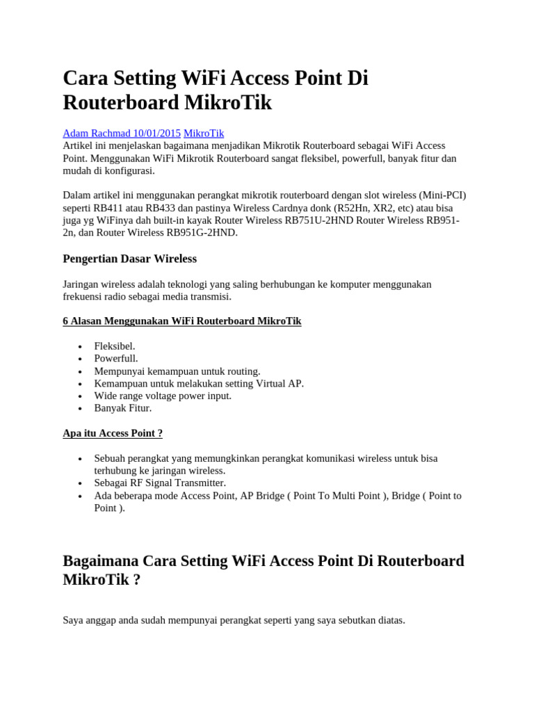 Cara Setting WiFi Access Point Di Routerboard MikroTik | PDF