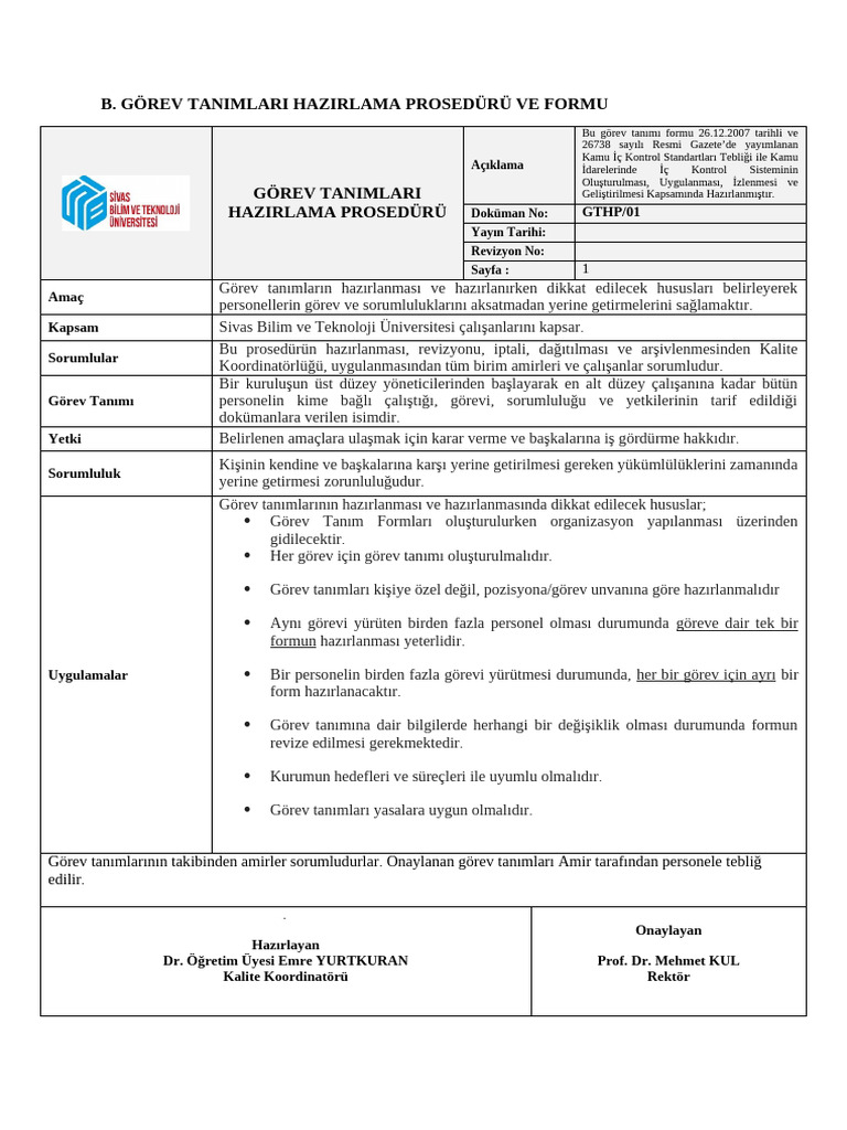 Gorev Tanim Proseduru Ve Formu | PDF