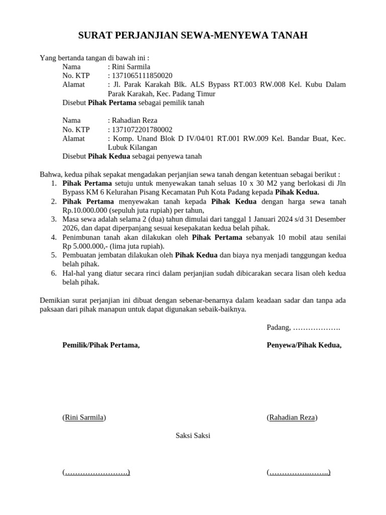 Surat Perjanjian Sewa-menyewa Tanah | PDF