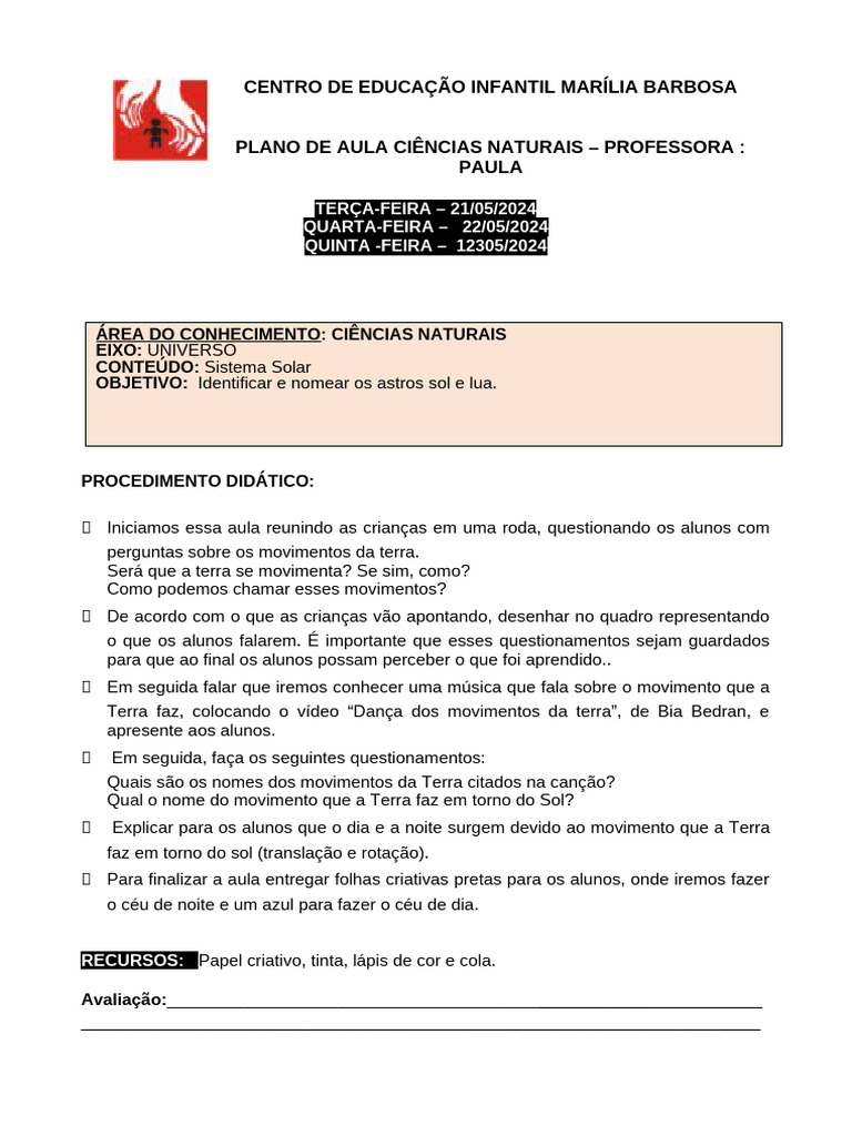 Aula Infantil: Movimentos da Terra | PDF