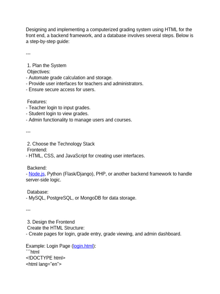 Designing and Implementing A Computerized Grading System Using HTML For The Front End | PDF ...