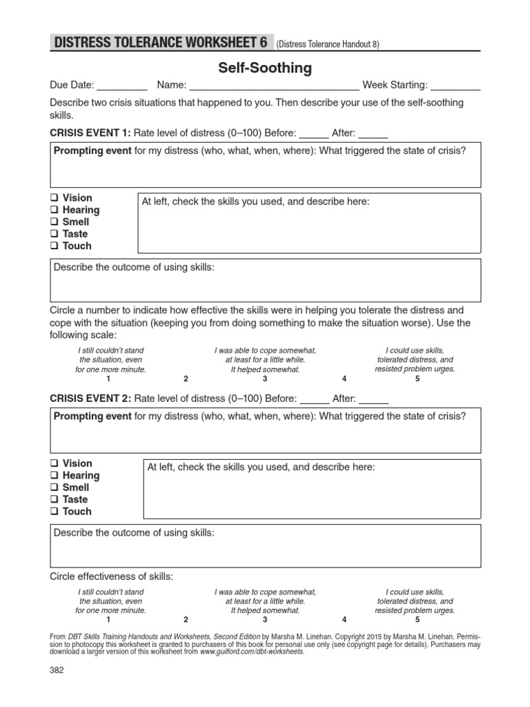 DBT Self-Soothing Skills Worksheet | PDF | Dialectical Behavior Therapy ...