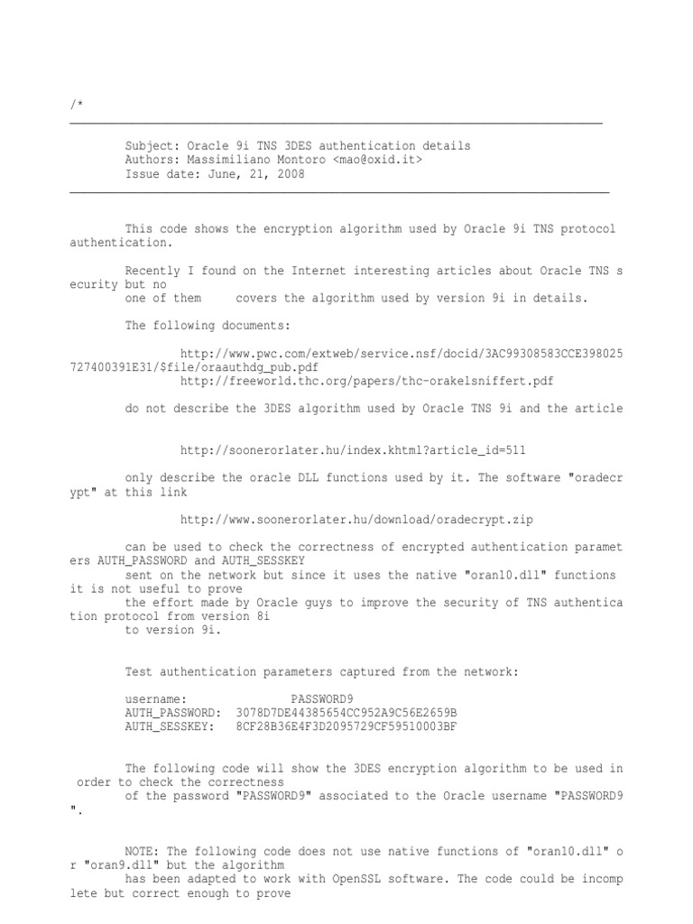 Oracle 9i TNS 3DES Authentication Guide | PDF | Authentication ...