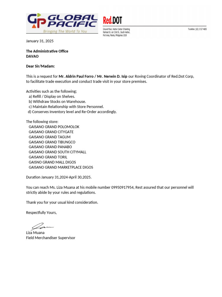 Gaisano Davao Jayson&isip Visit Letter | PDF