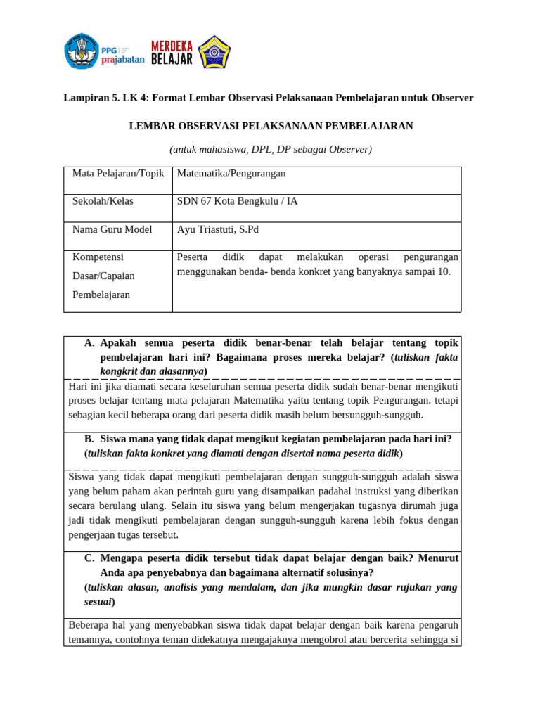 TOPIK 4-01.05.6-B4-13 Unggah LK 4 - Lembar Observasi Pembelajaran Observer - Siklus 4 | PDF