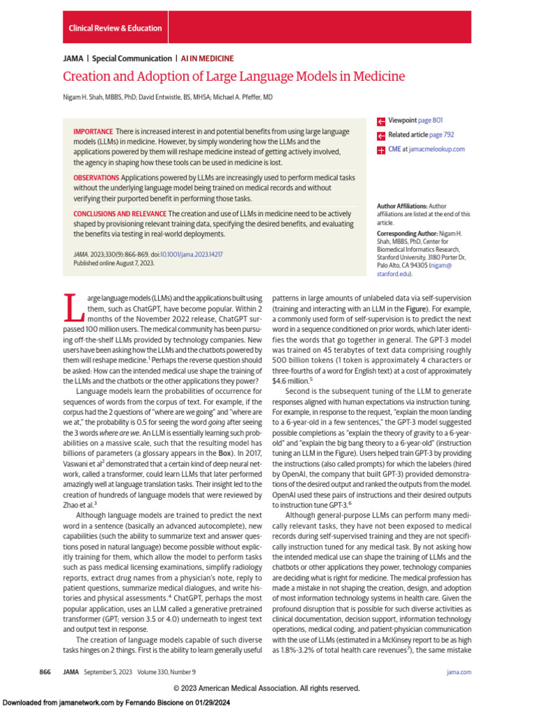 Creation and Adoption of Large Language Models in Medicine | PDF ...