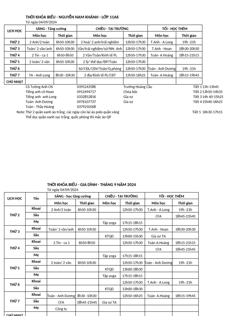 Thời Khóa Biểu - Gia Dinh v T9-2024 | PDF